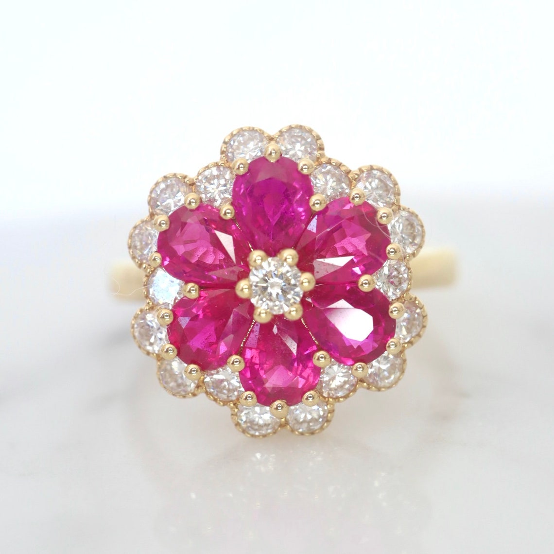 Made to Order. Ruby and Diamond Flower Ring. Victorian Ruby - Etsy
