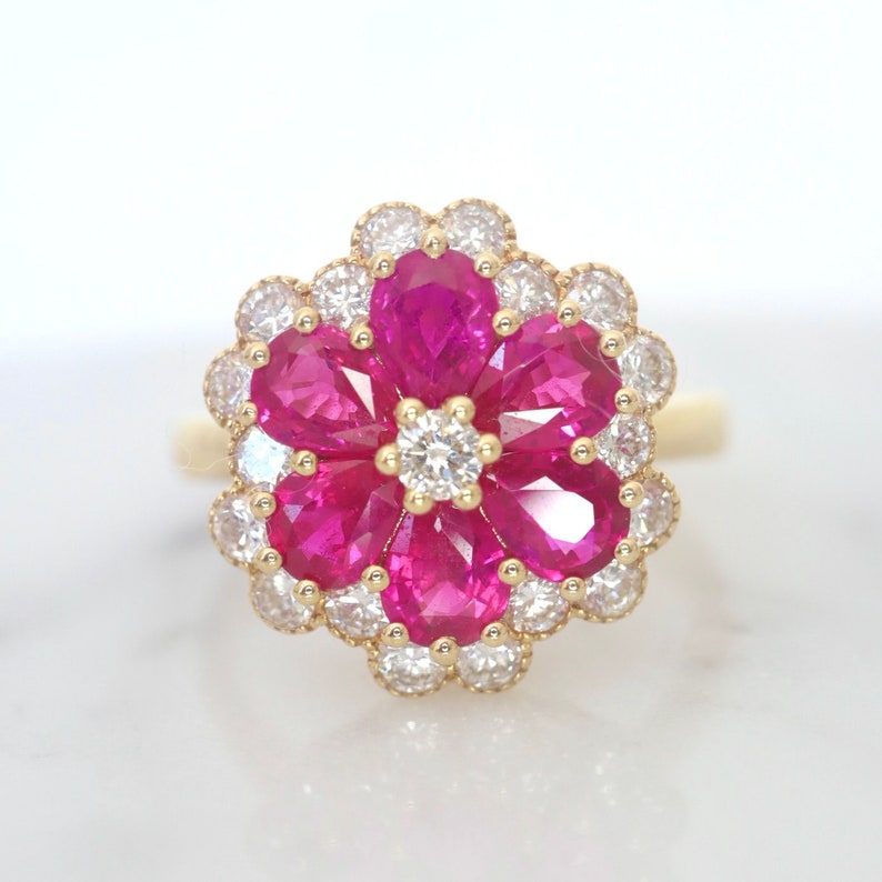 Made to Order. Ruby and Diamond Flower Ring. Victorian Ruby - Etsy