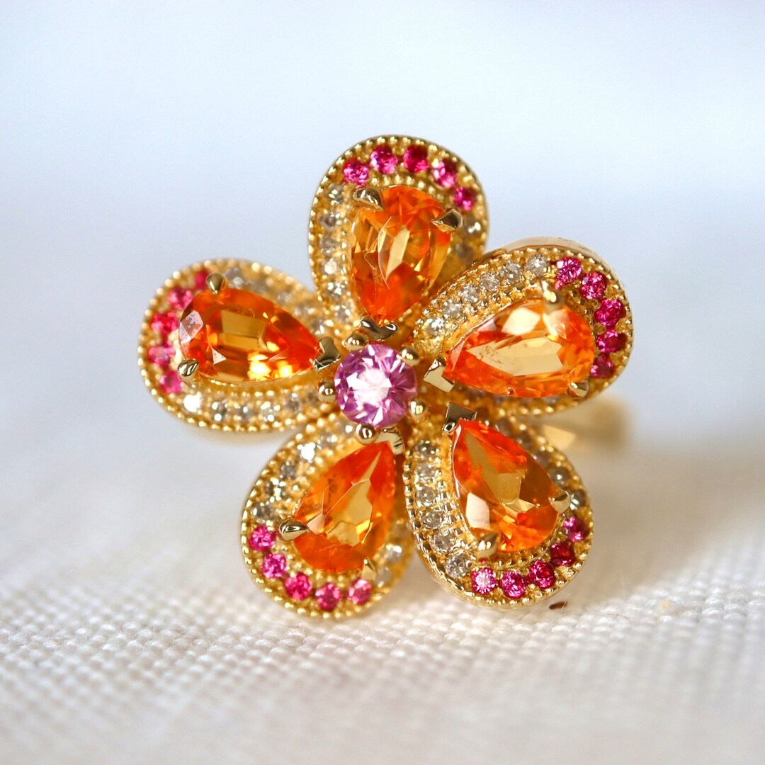 Neon Orange Fanta Garnet and Neon Pink Spinel Clover Ring. - Etsy