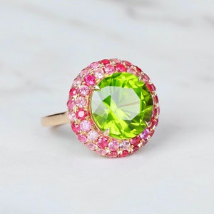 Green Peridot and Pink Spinel Halo Ring August Birthstone Precision Cut ...