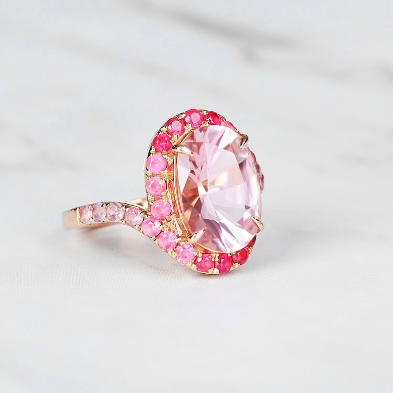 Pink Tourmaline Ring Hot Pink Spinels Halo Ring Diamonds Halo in Yellow ...