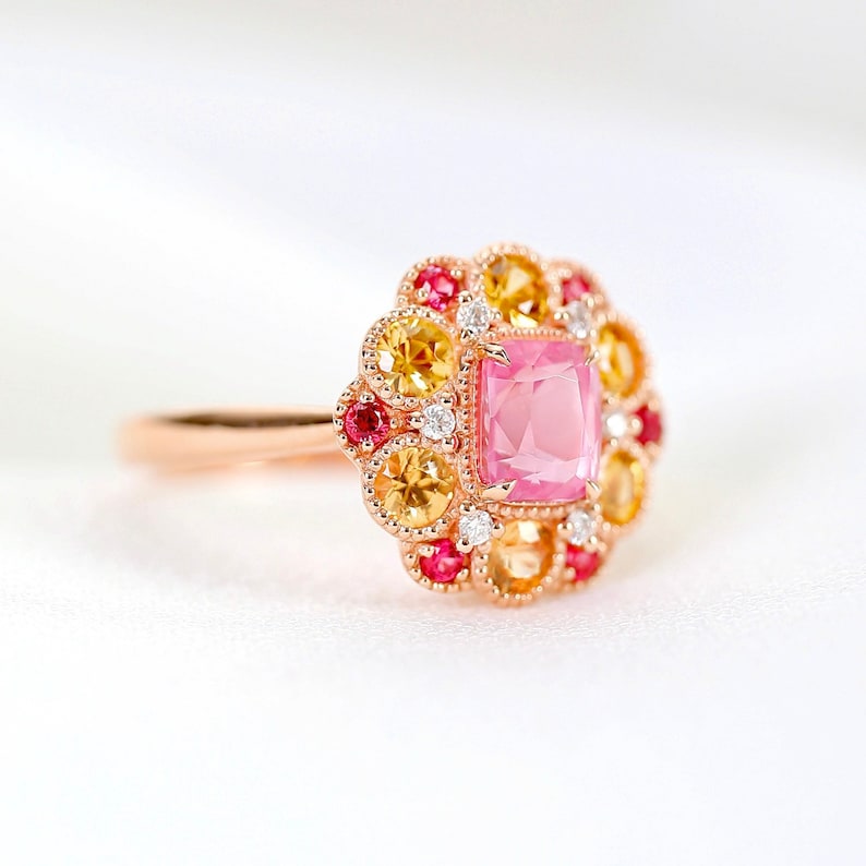 Vivid Pink Opalescent Spinel and Fanta Garnet Halo Ring - Etsy