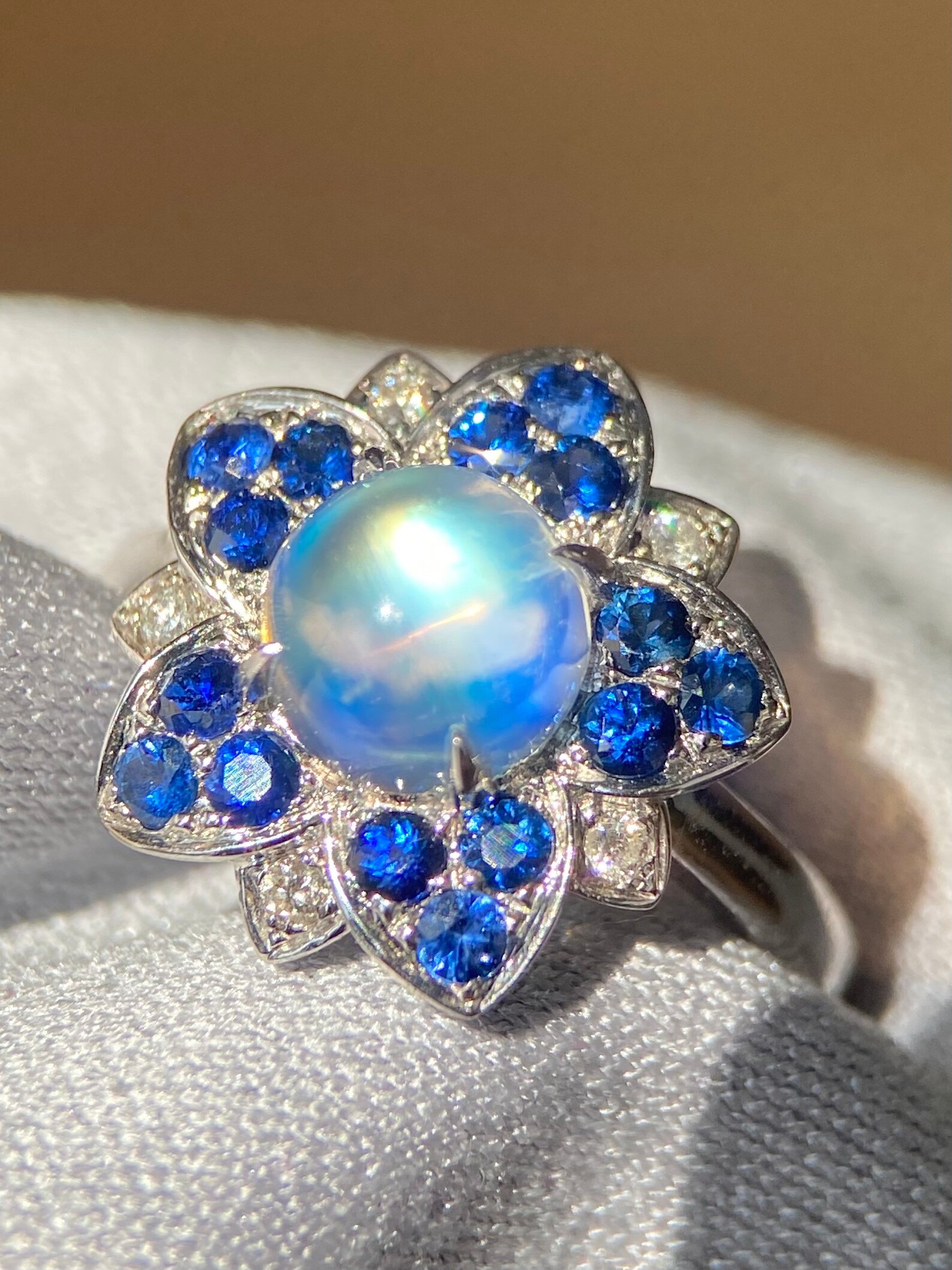 Blue Moonstone Ring With Blue Sapphires and Diamonds Blue - Etsy