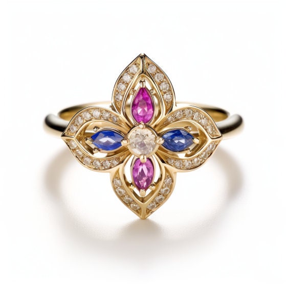 Made to Order. Art Deco Style Lotus Ring Ring With Pink Sapphires and ...