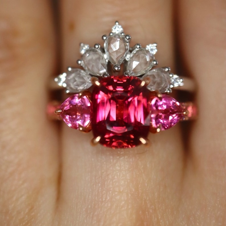 Red Pink Tourmaline Three Stone Ringpink Engagement Ring Pink Ring ...