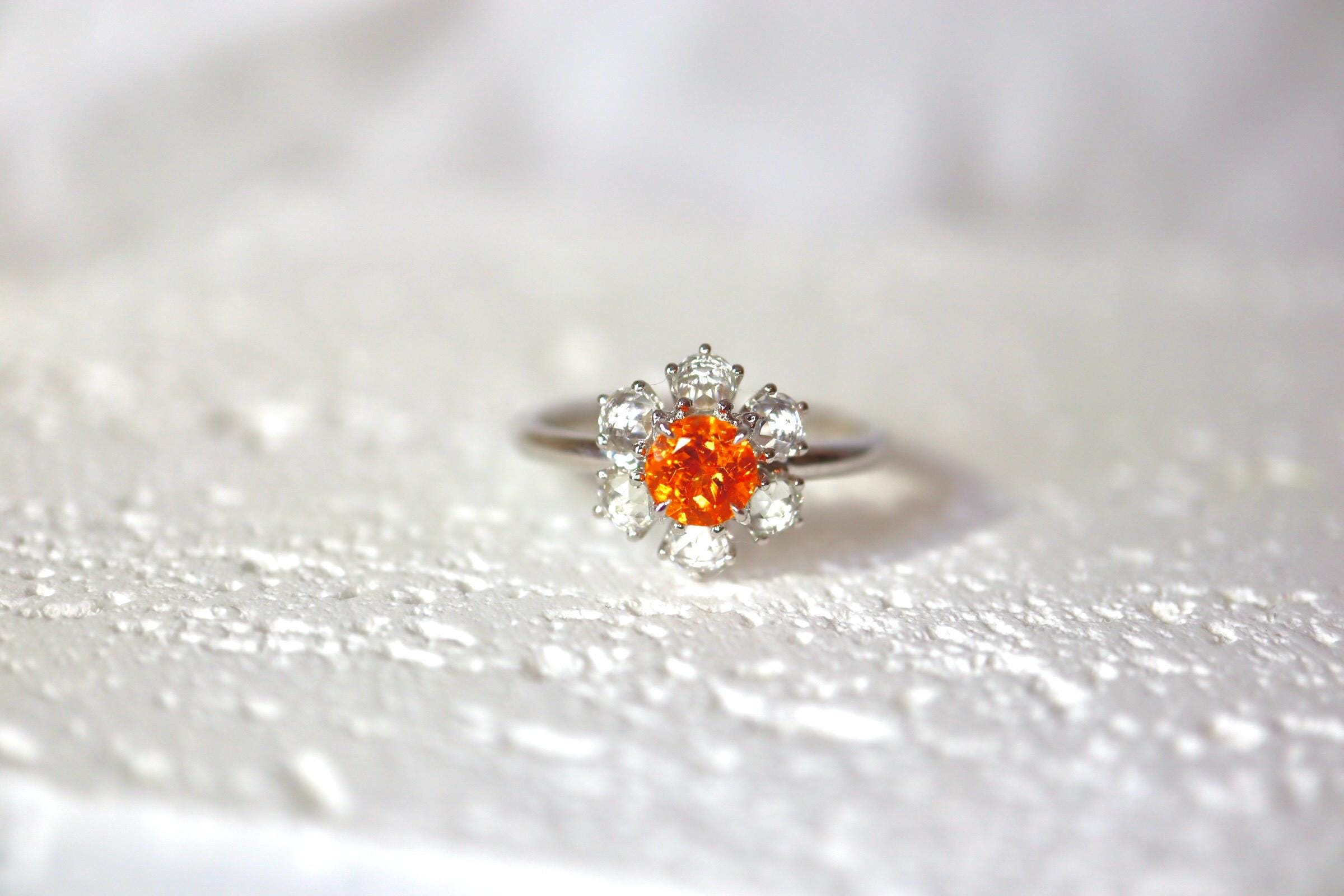 Neon Orange Fanta Spessartite Garnet Halo Ring With Natural Rose-cut ...