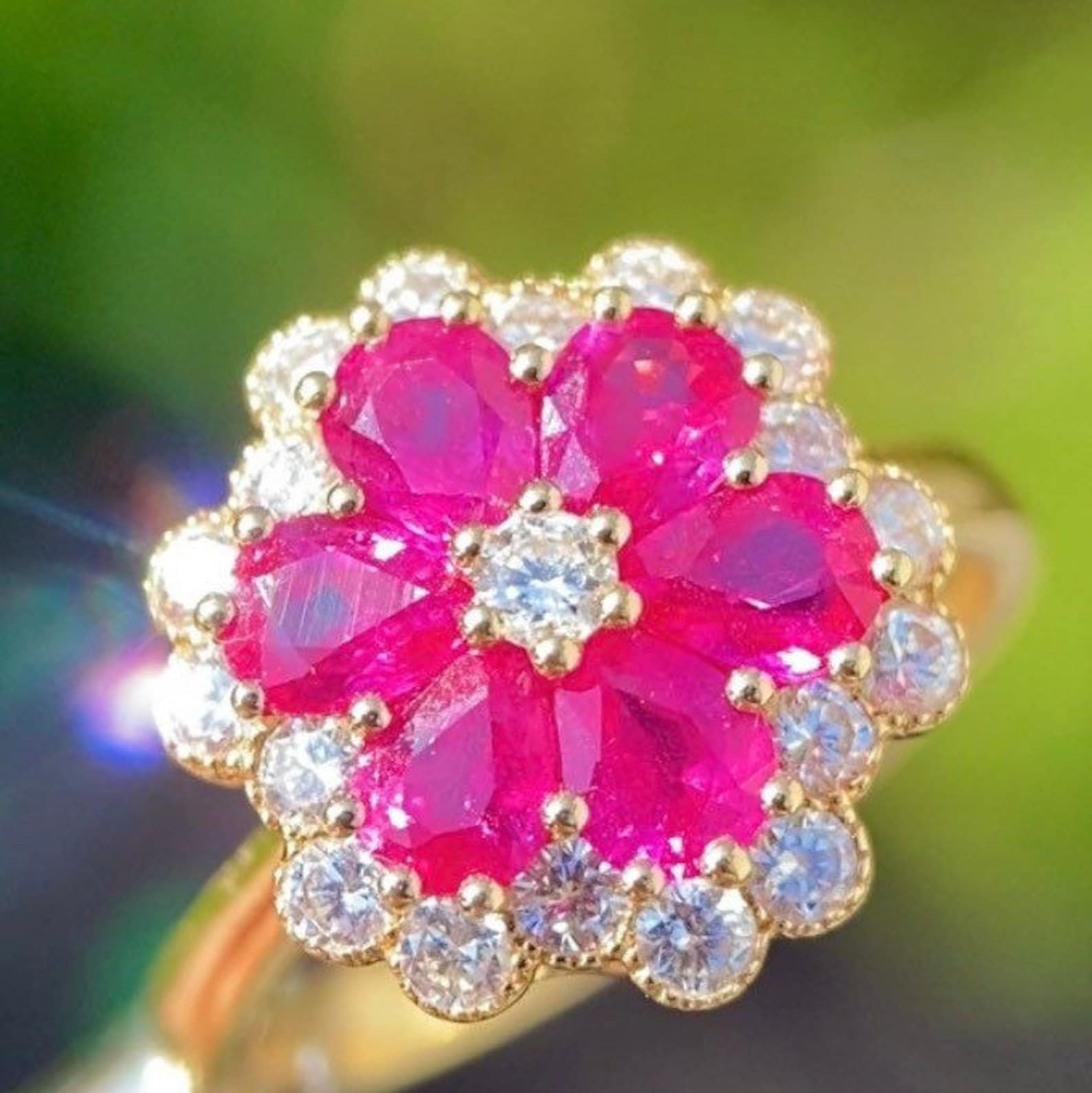 Made to Order. Ruby and Diamond Flower Ring. Victorian Ruby - Etsy