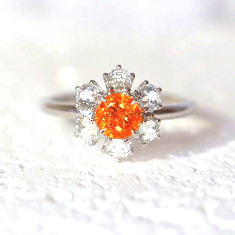 Neon Orange Fanta Spessartite Garnet Halo Ring With Natural Rose-cut ...