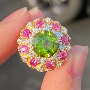 Green Peridot and Pink Spinel Halo Ring Statement Ring August ...