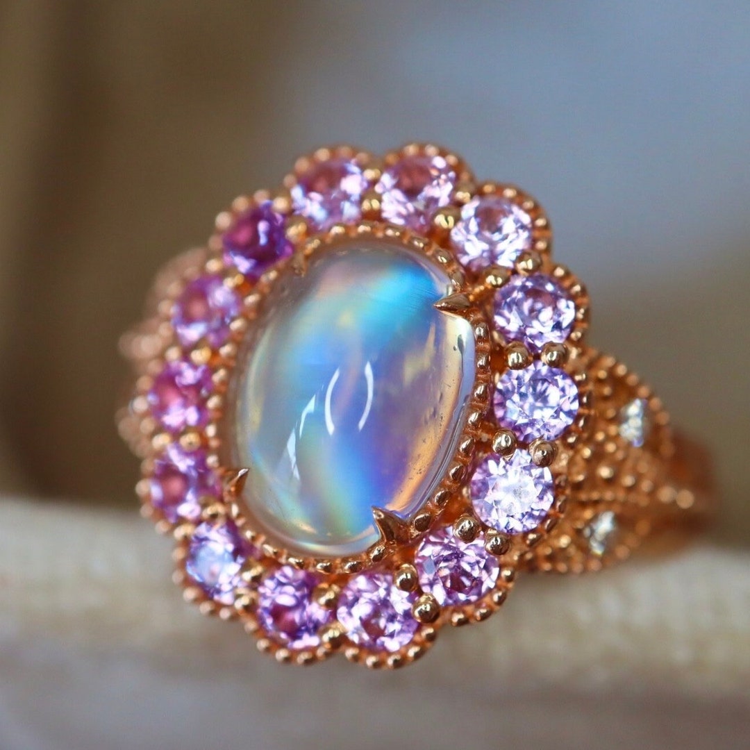 Moonstone Pink Sapphire Halo Ring Diamond Engagement Ring OOAK Custom ...