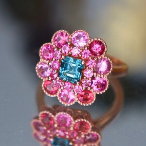 Neon Blue Tourmaline Pink Spinel Halo Cocktail Ring Pink and Blue ...