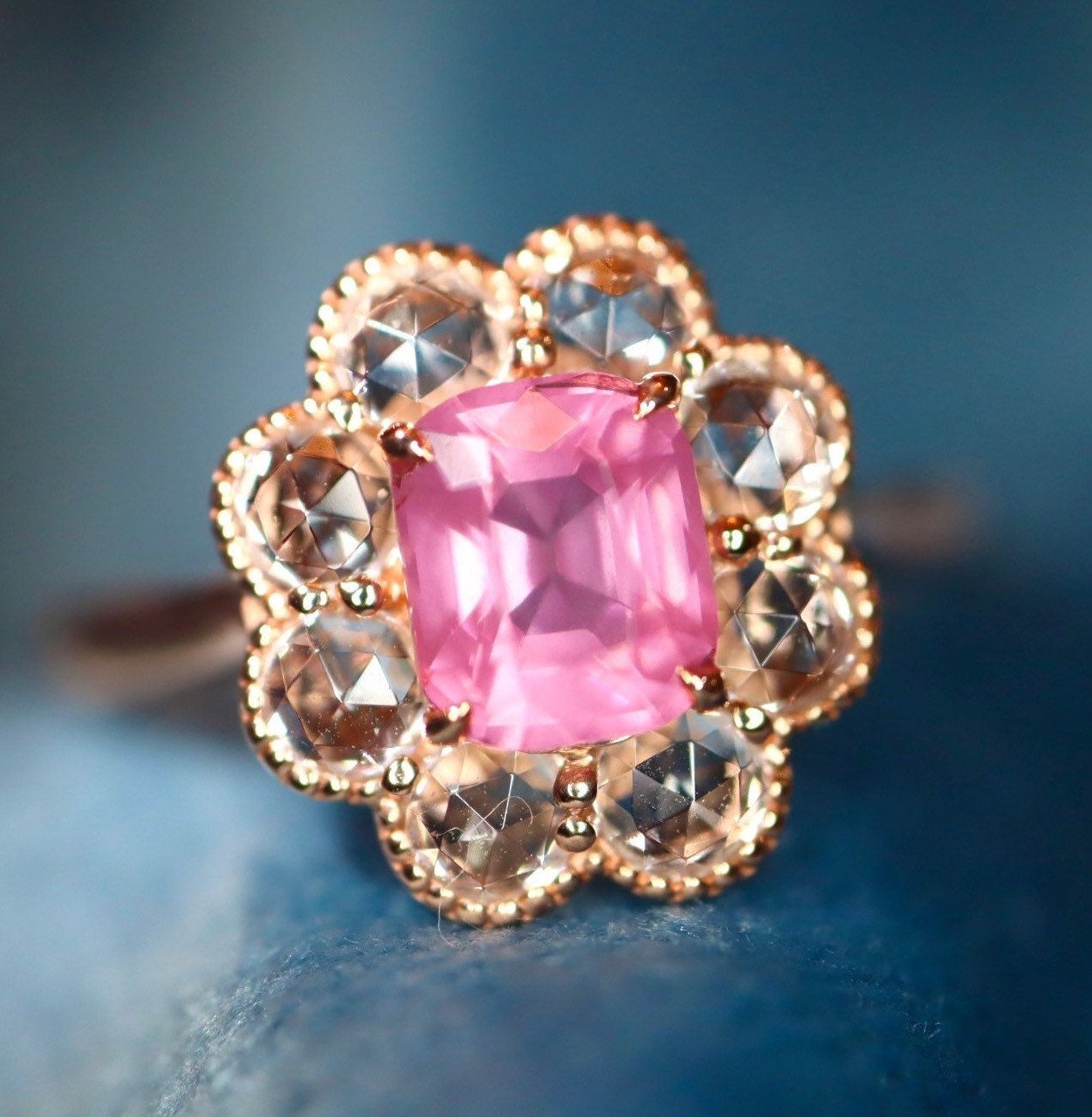 Rose Pink Opalescent Spinel and Rose-cut Aquamarine Halo Ring Pink ...