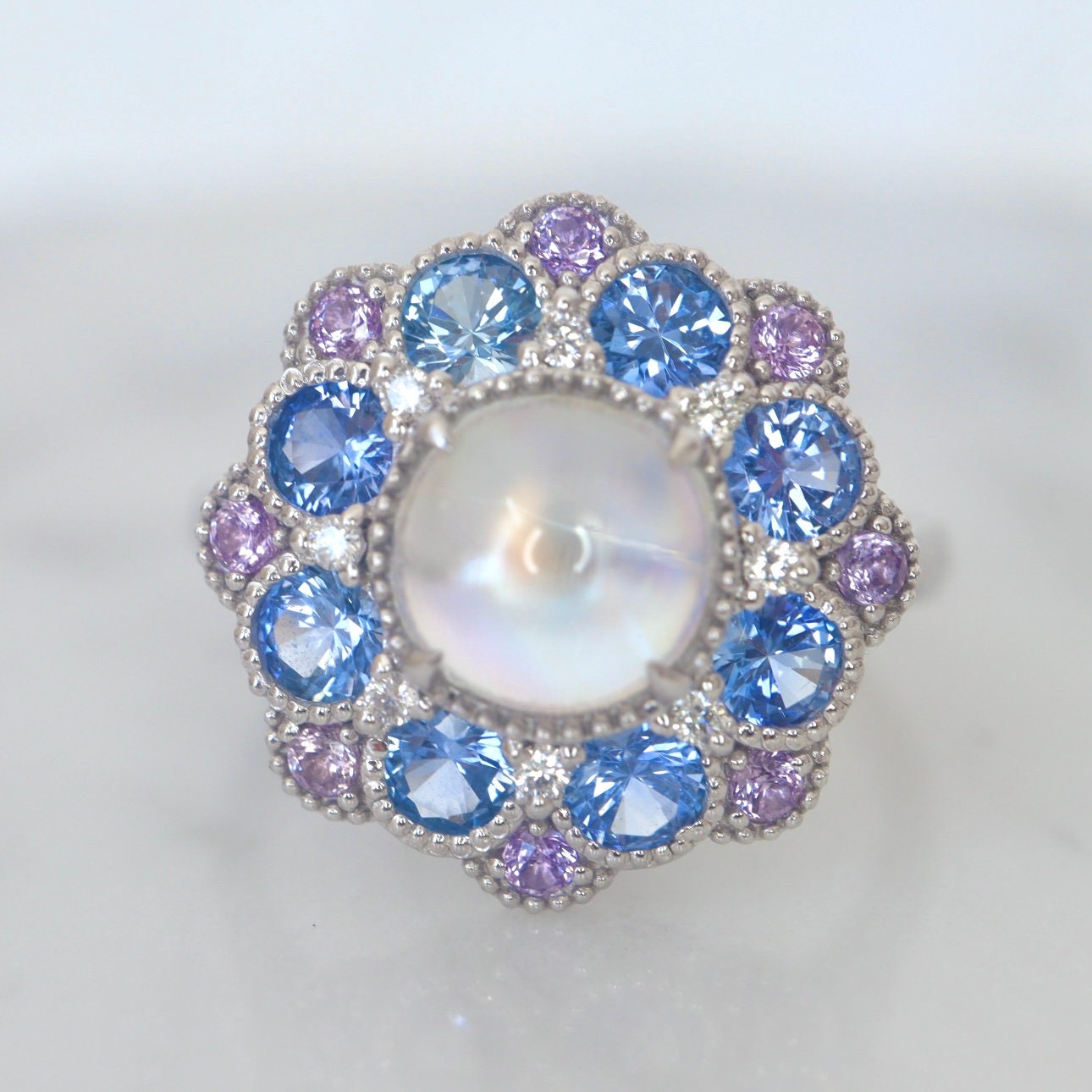 Rainbow Moonstone With Pink Sapphire Halo Ring Pink - Etsy