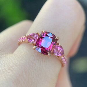 Red Pink Tourmaline Three Stone Ringpink Engagement Ring Pink Ring ...