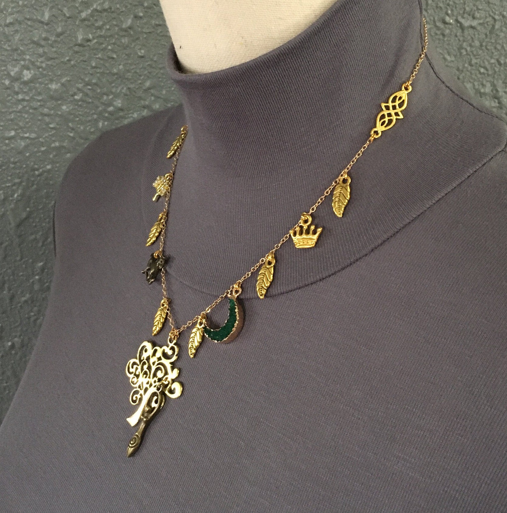 Danu Celtic Forest Goddess Handmade Necklace, Gold Tree of Life, Green ...