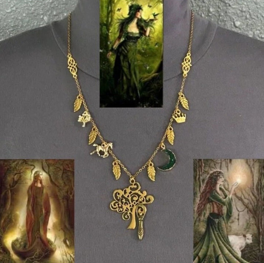 Danu Celtic Forest Goddess Handmade Necklace, Gold Tree of Life, Green ...