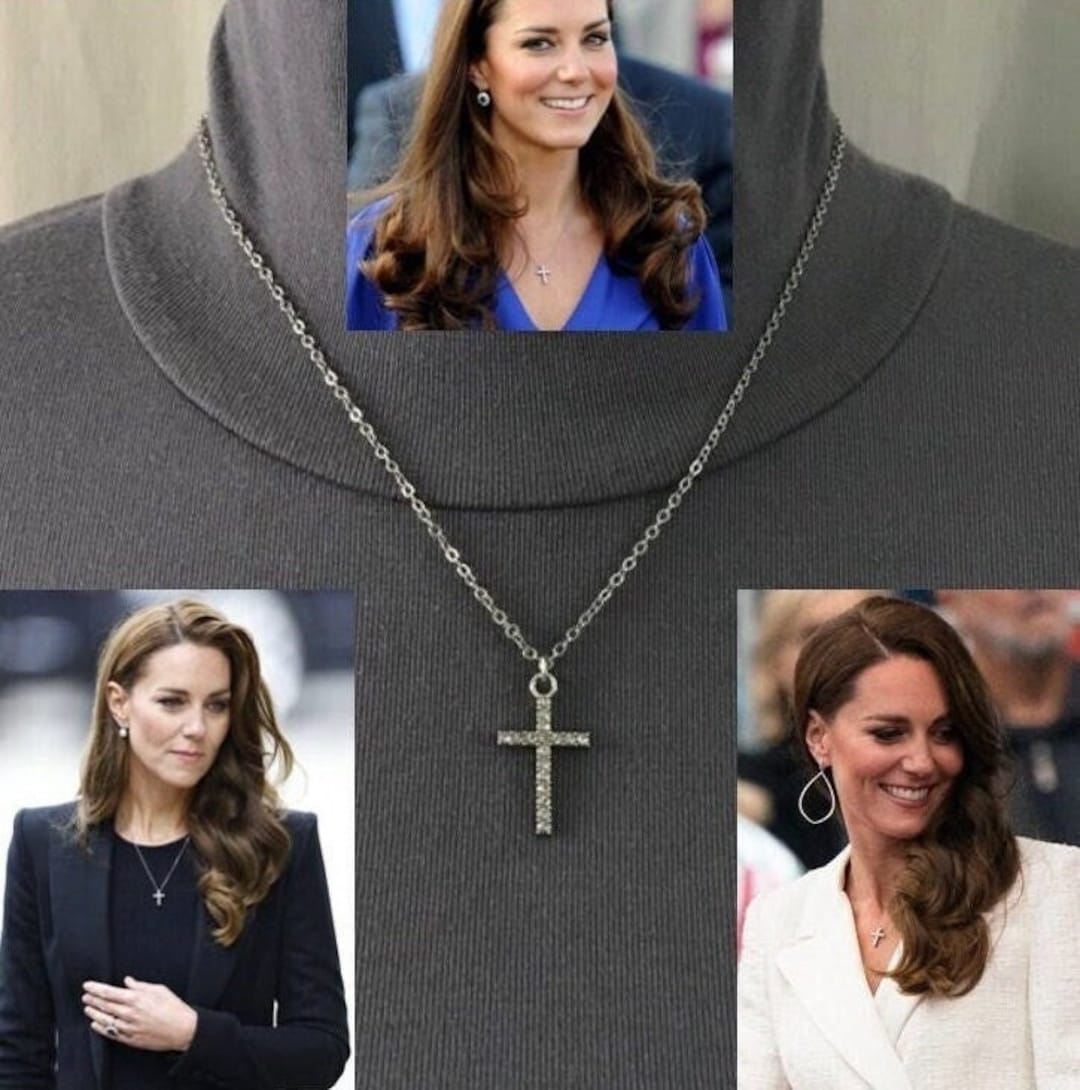 Kate Middleton Silver & Diamond Cross Necklace, Handmade Rhinestone ...
