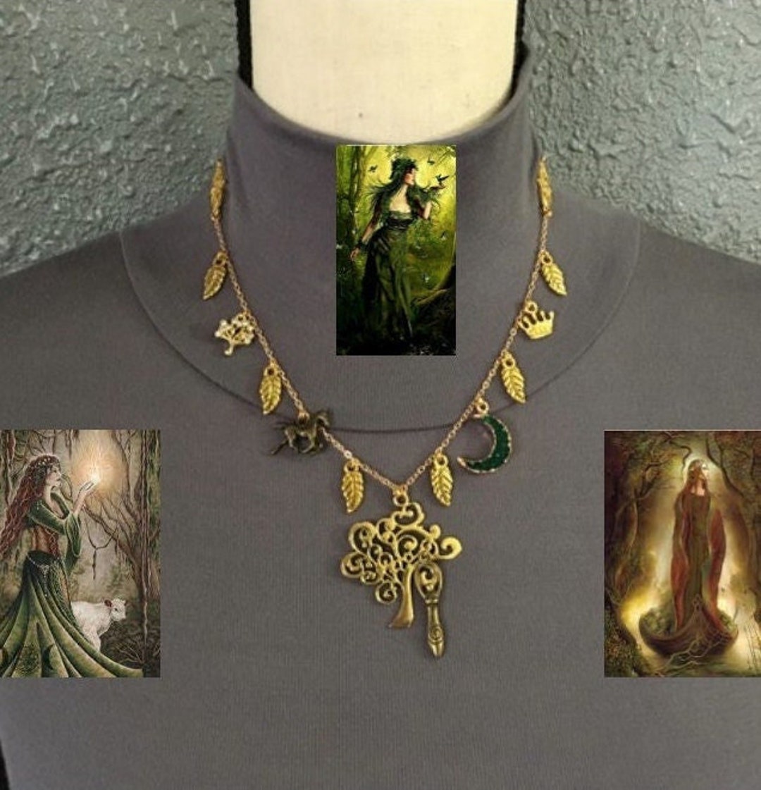 Danu Celtic Forest Goddess Handmade Necklace, Gold Tree of Life, Green ...
