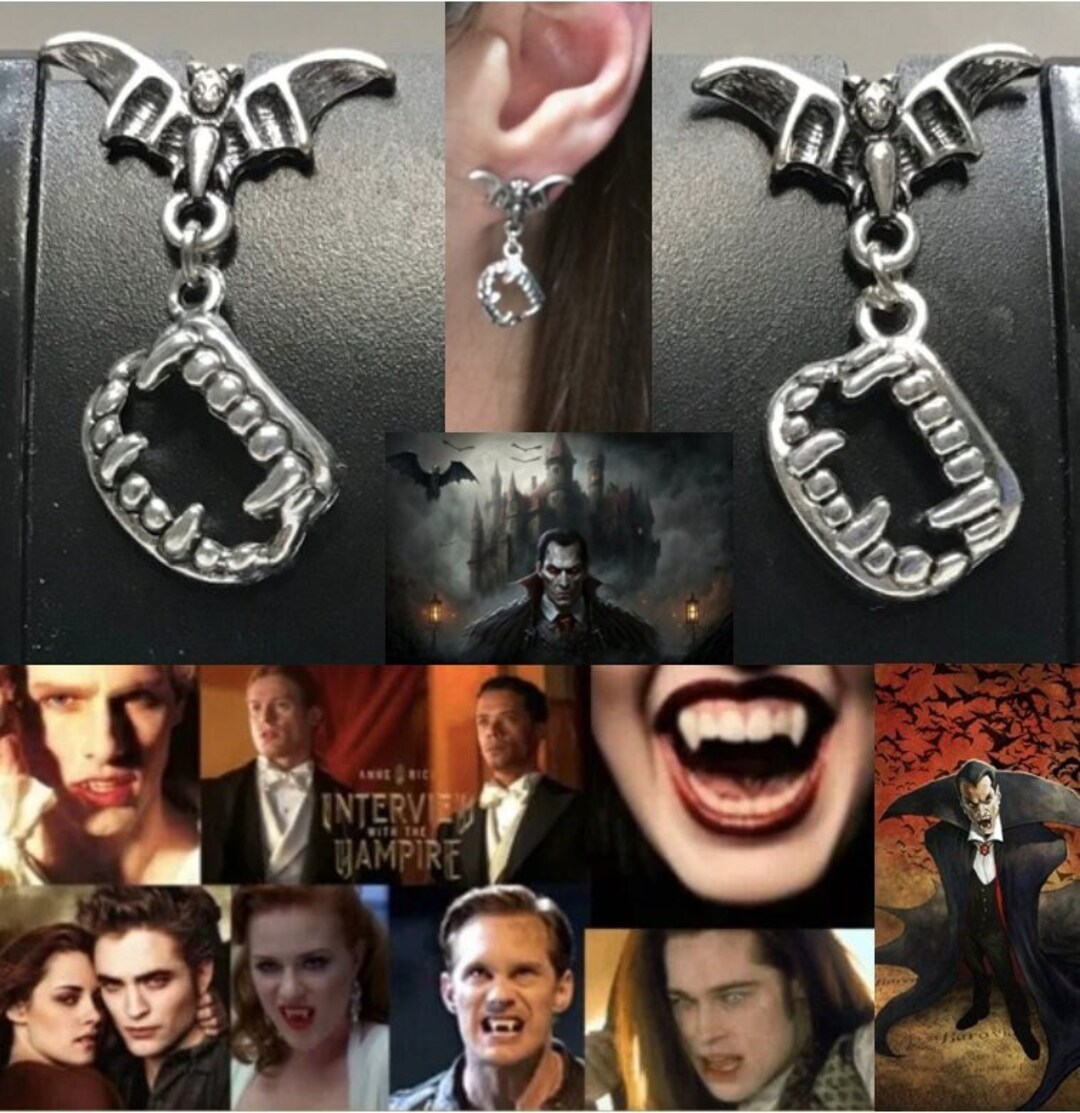 Vampire Bite Handmade Dainty Flying Bat Studs With Silver Dracula Fangs ...