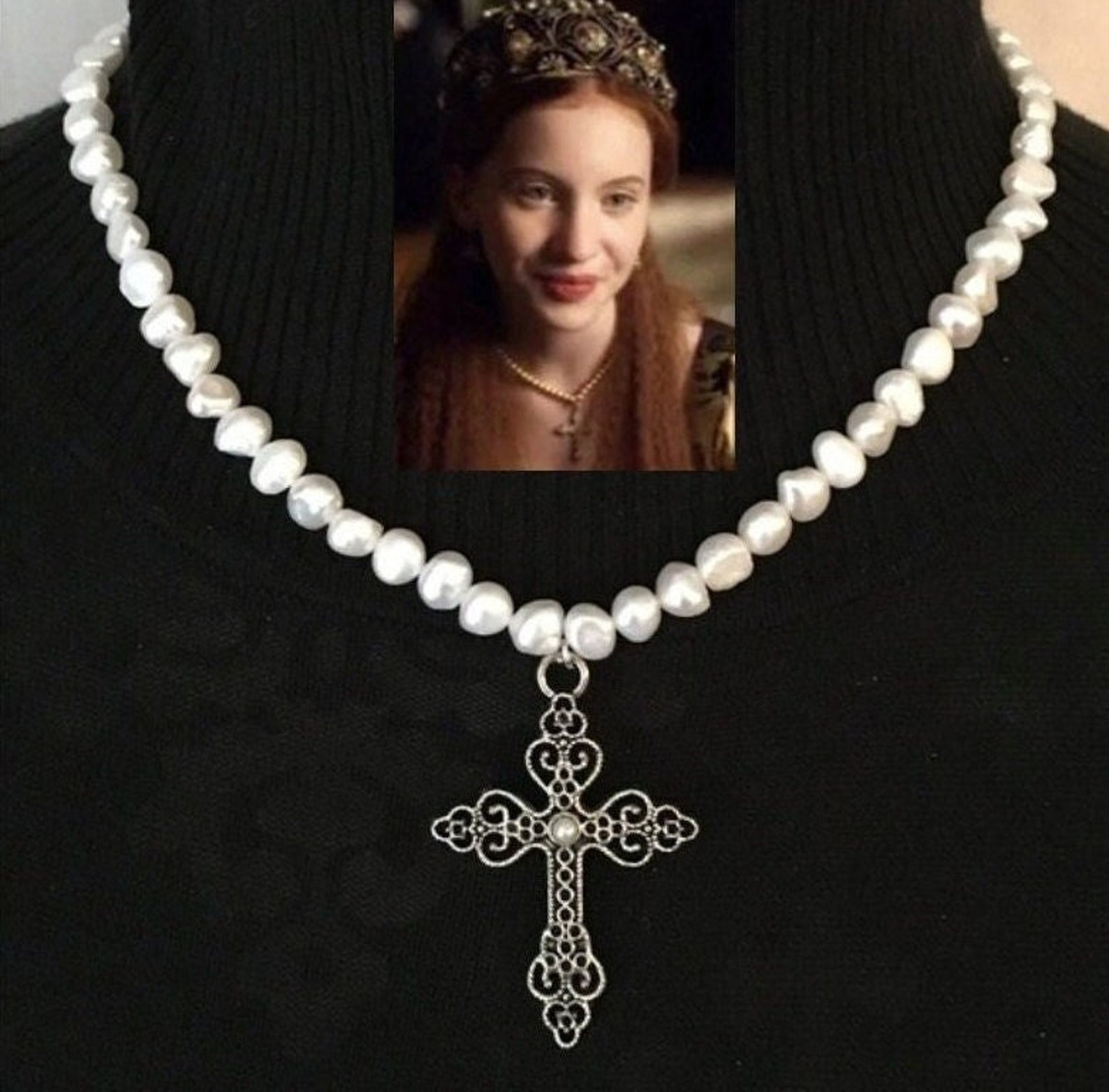 The Tudors Princess Elizabeth Renaissance Cross Real Pearl Necklace ...