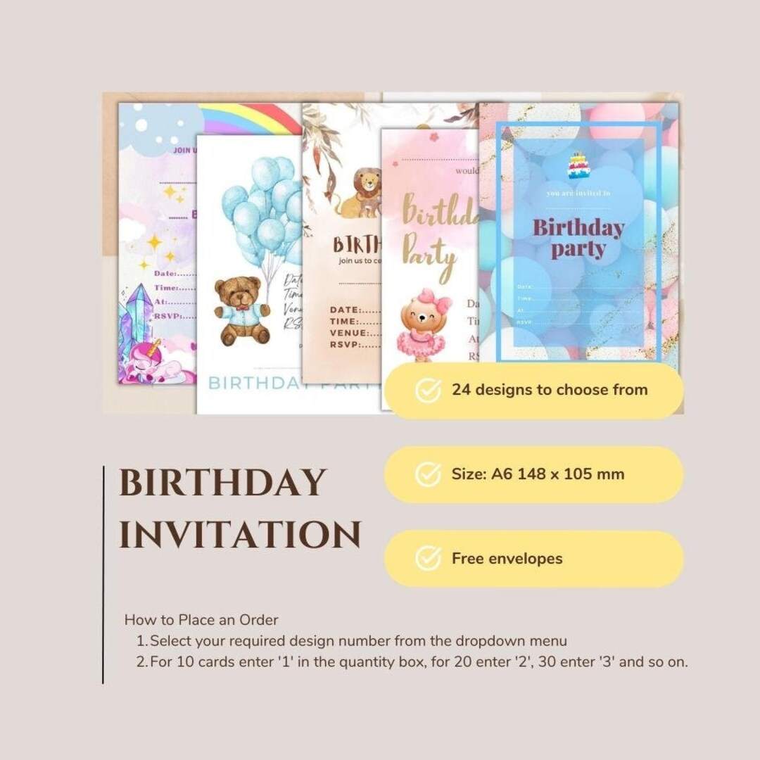 10 X Birthday Party, Invitations, Children Invites, Kids Pack HBD-010 ...