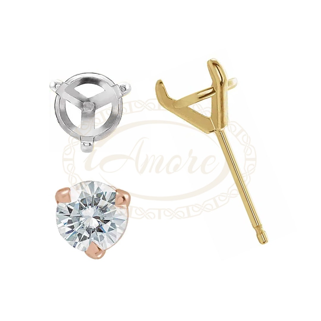 3 Prong Round Martini Cocktail Pre-notched Claw Stud Earring Mounting ...
