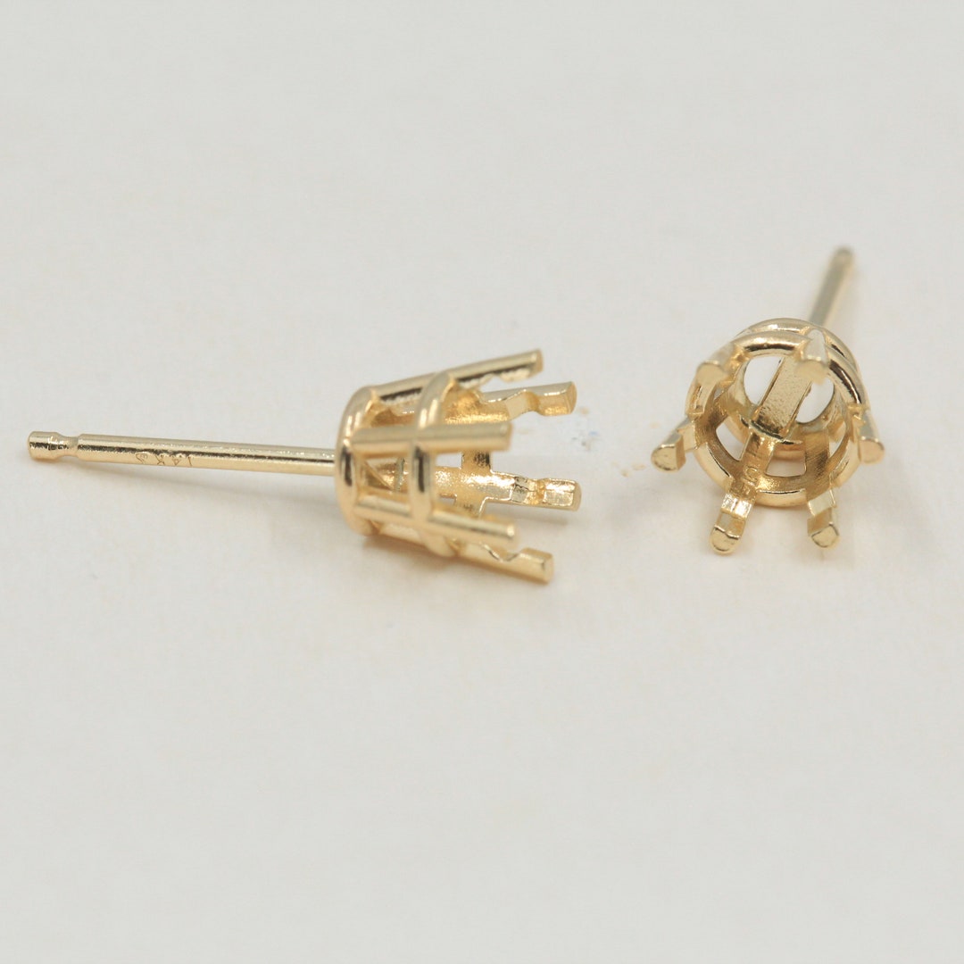 Round 6 Prong Pre-notched Earring Setting Mounting: Pair 14K Solid Gold ...