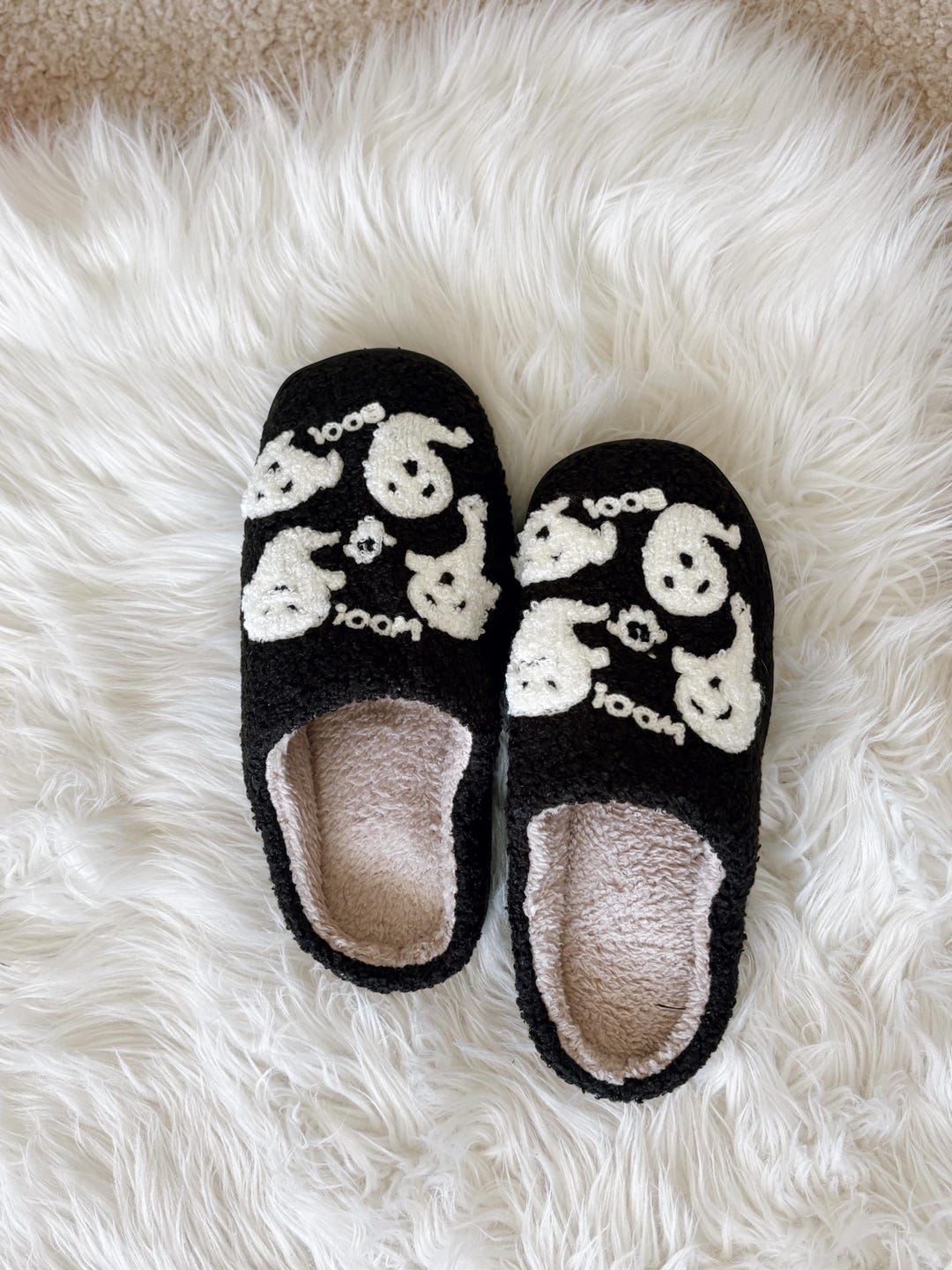 Spooky Ghost Halloween Slippers: Black Sherpa Bedroom Shoes - Etsy