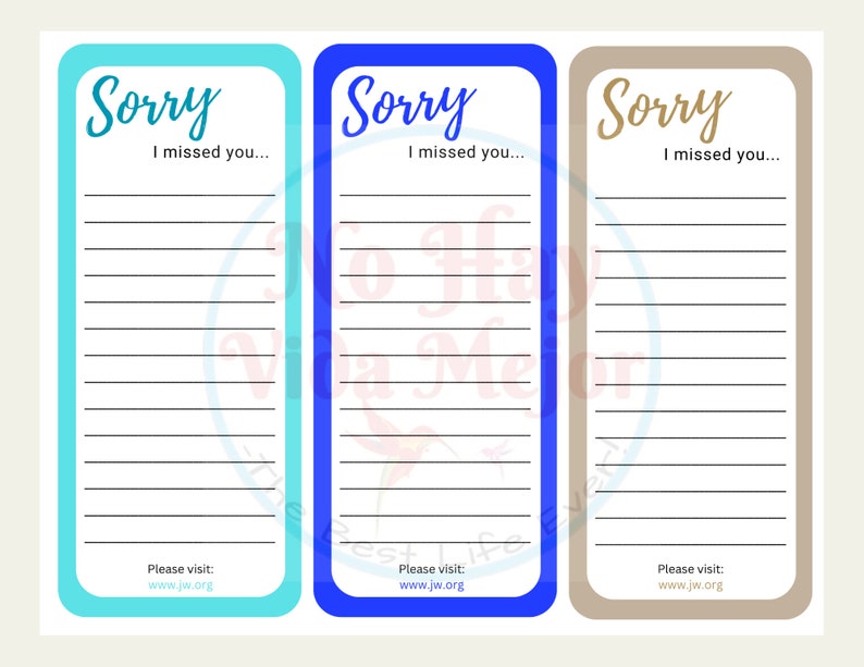 Sorry I Missed You JW NOTE Instant Printable Download - Etsy