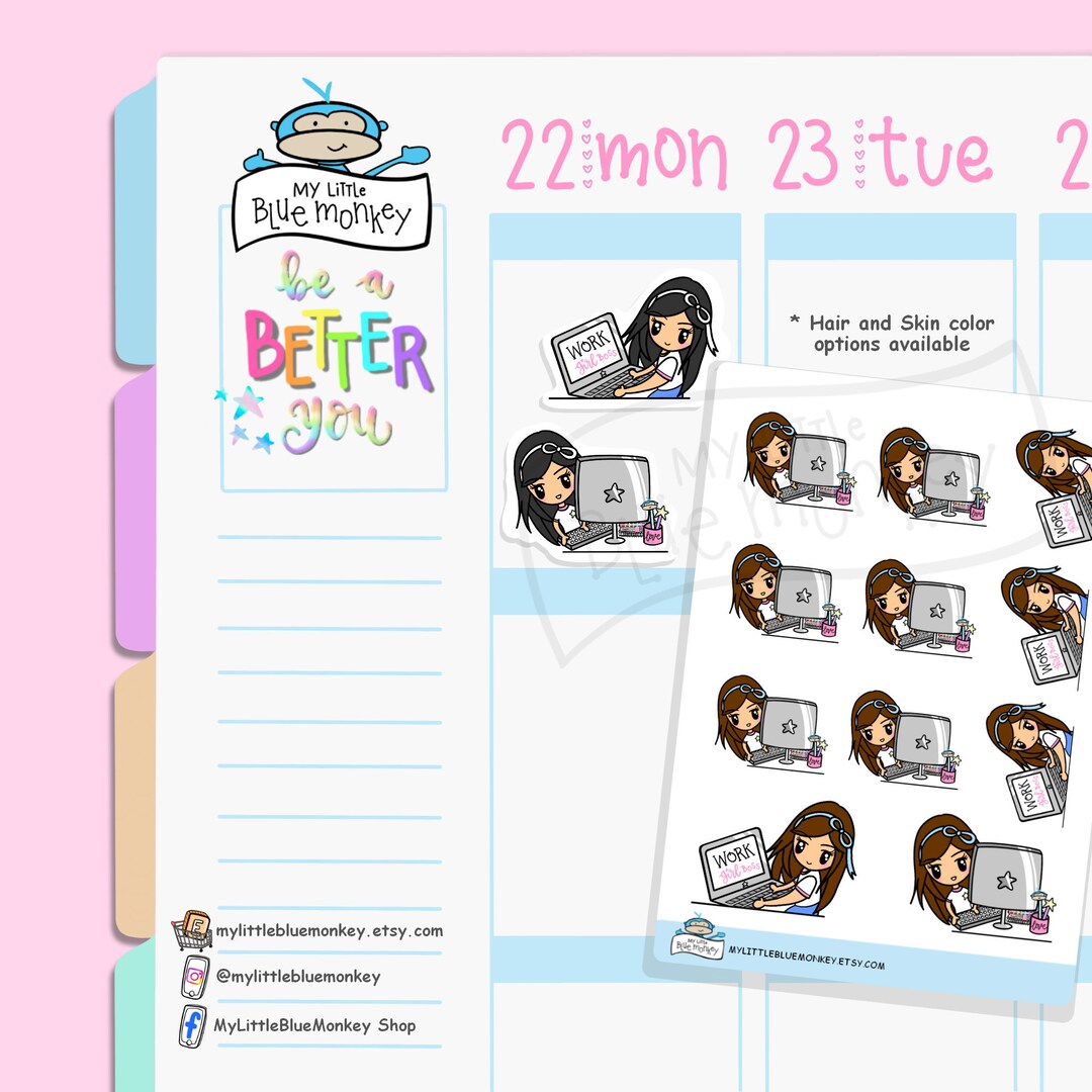 Kawaii Girl Computer Work Sticker - Working Girl Stickers, Work Day ...