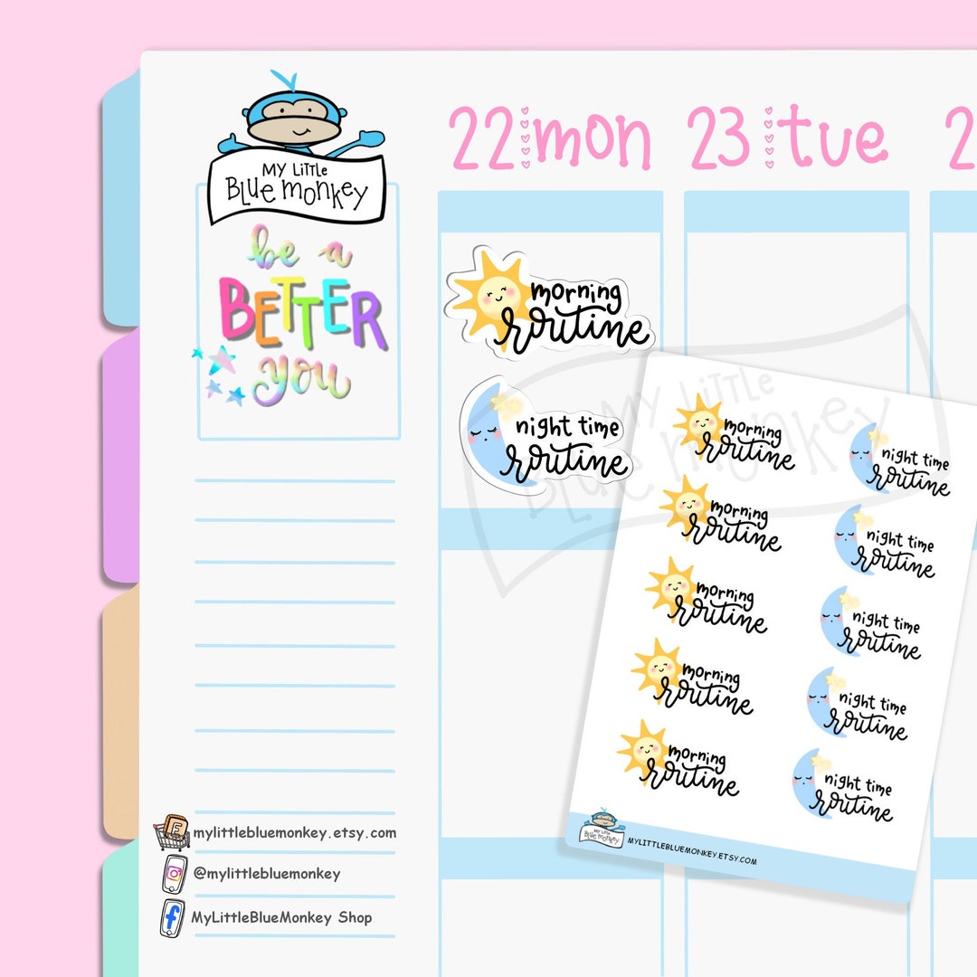 Morning Routine Stickers, Night Time Routine Stickers, Hand Lettering ...