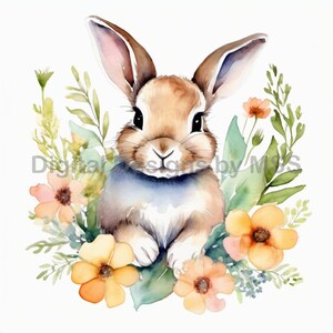 Watercolor Bunnies in Flowers Bundle, Cute Clip Art Digital Art Instant ...
