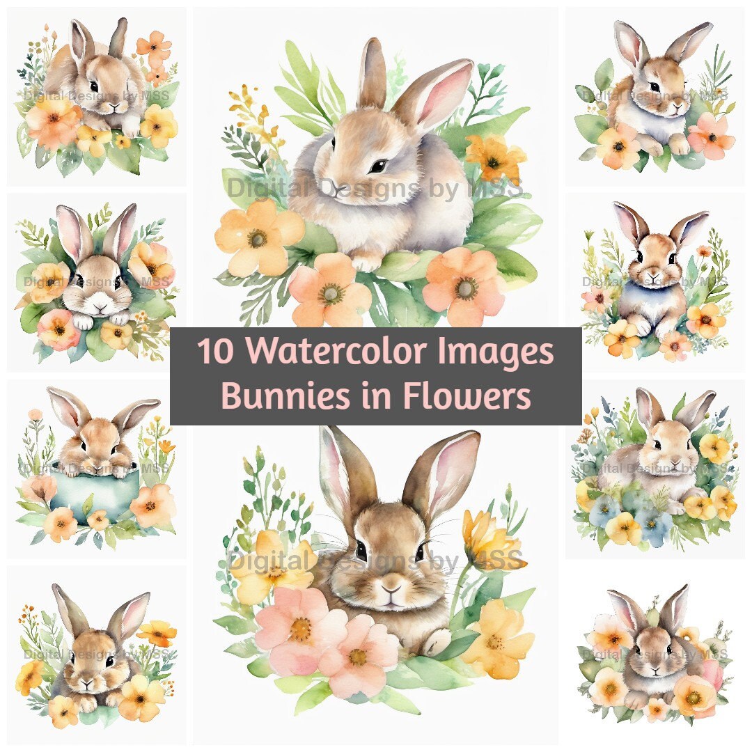 Watercolor Bunnies in Flowers Bundle, Cute Clip Art Digital Art Instant ...