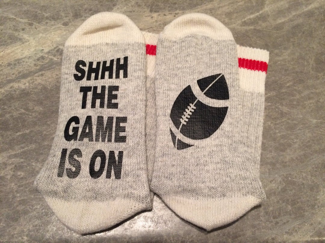 Shhh the Game is on .... football Silhouette word Socks Funny Socks ...