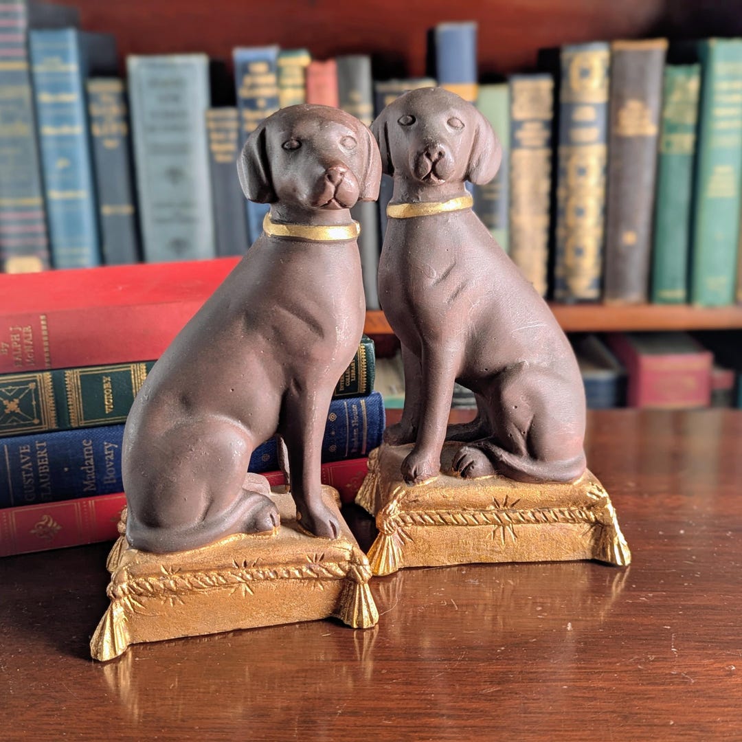 Vintage Labrador Retriever Bookends | Brown Dog Statues on Gold Pillows ...