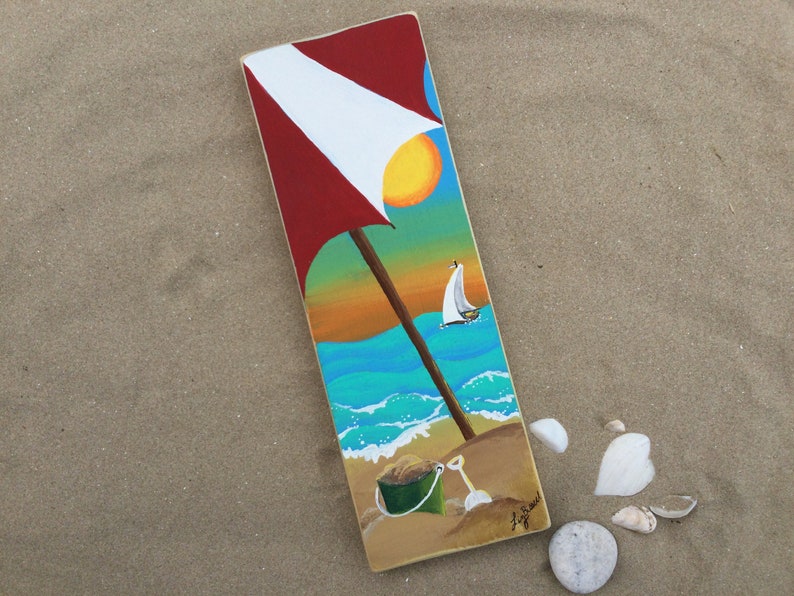 Beach Umbrella Reclaimed Wood Art 4”x11” Original Acrylic Painting ...
