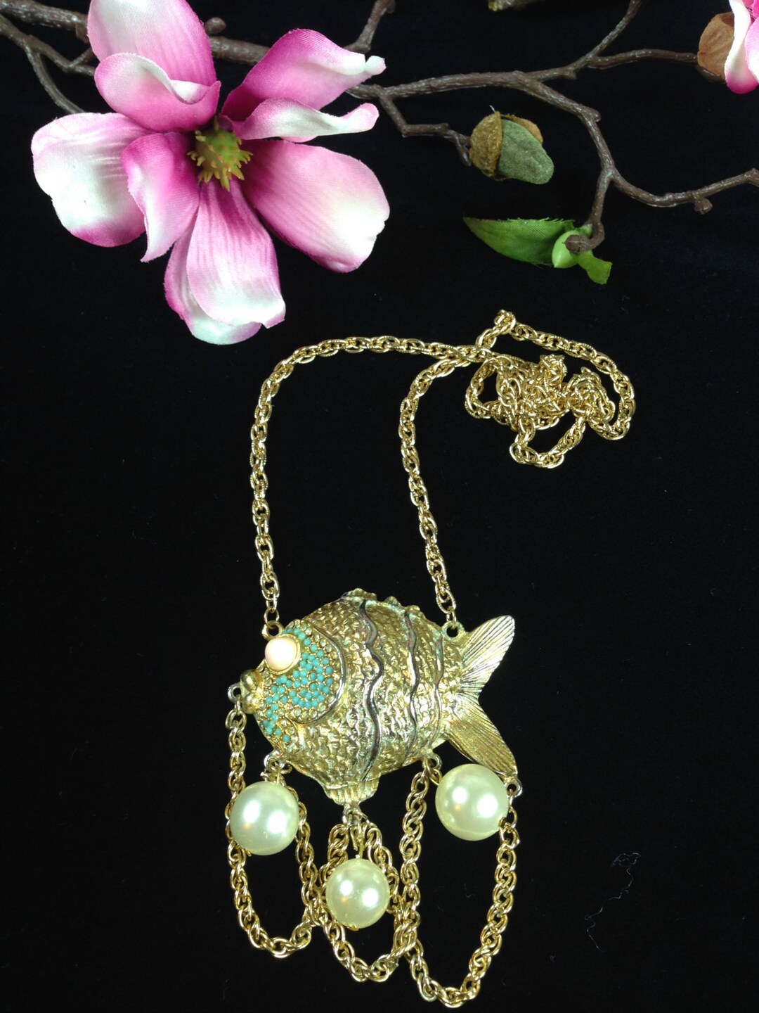 Vintage Designer Alice Caviness Necklace | Fish-pearls-turquoise-pink ...