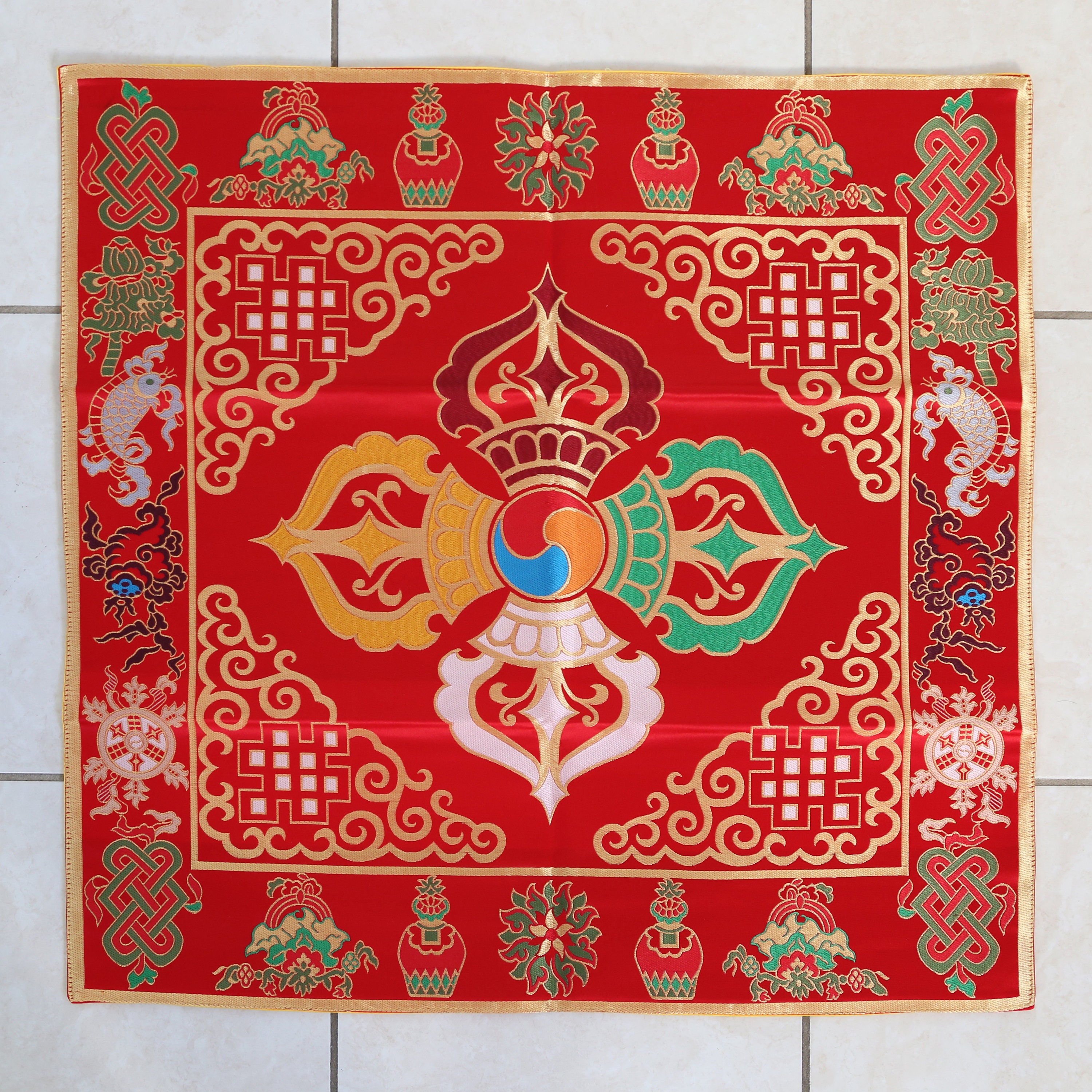 Tibetan Cross Vajra Silk Brocade Altar Cloth, Buddhist Shrine Table ...