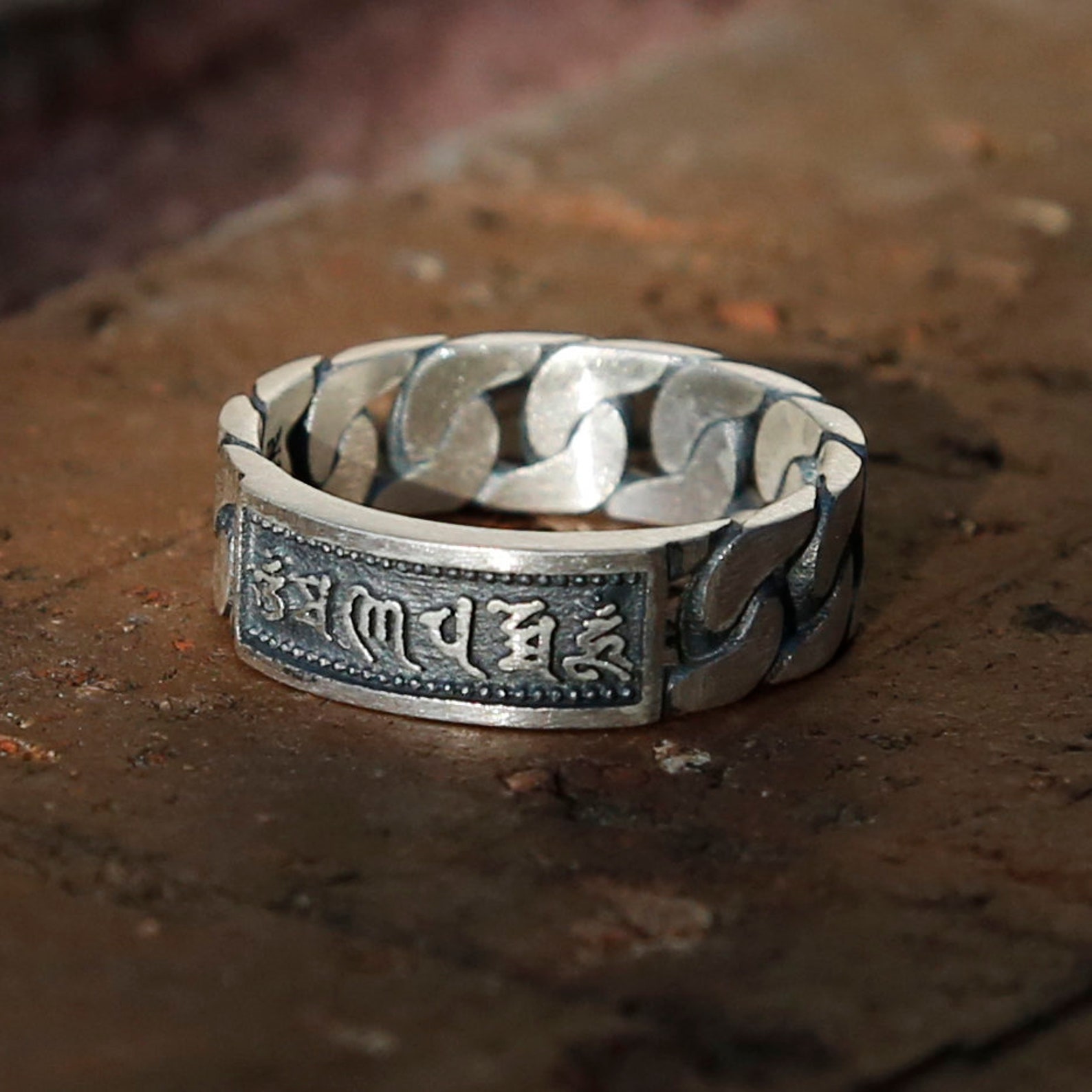 Chain-style Buddhist Prayer Om Ring, Sterling Silver Tibetan Buddhism ...