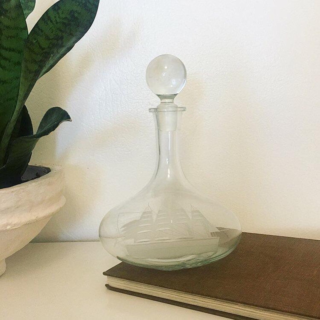 Vintage Decanter, Etched Ships by Toscany. 1970's . Genie Bottle Sty ...
