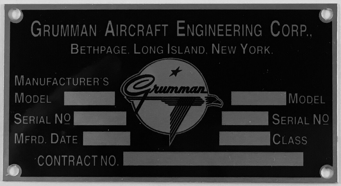 Reproduction Grumman Aircraft Data Plate 1943-1978 DPL-0115 - Etsy UK