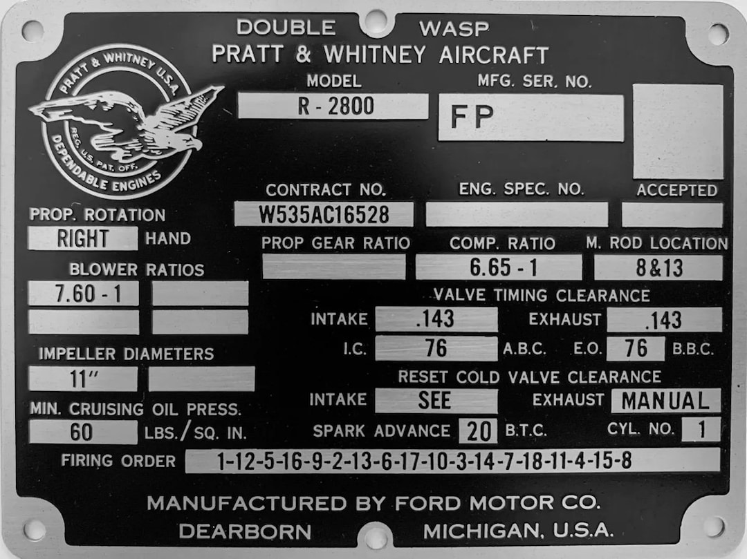 Ford Built P&W R-2800 Double Wasp Aircraft Engine Data Plate, New Old ...