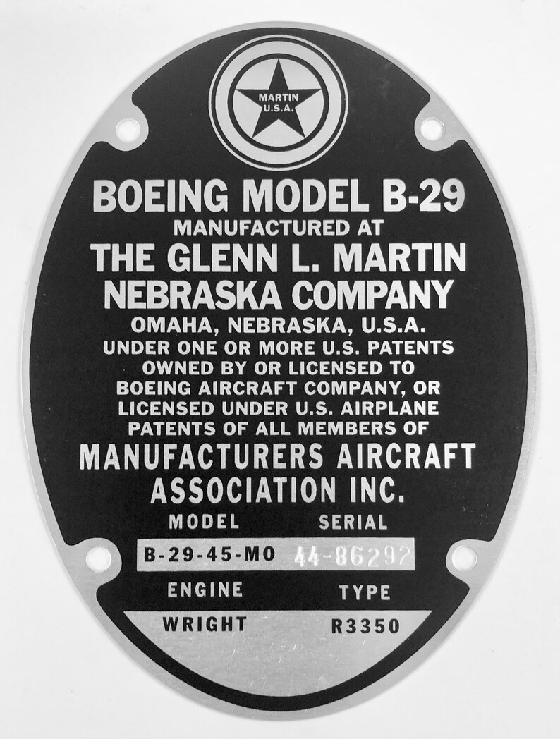 Repro Glenn Martin Built B-29 Data Plate Stamped for the Enola - Etsy