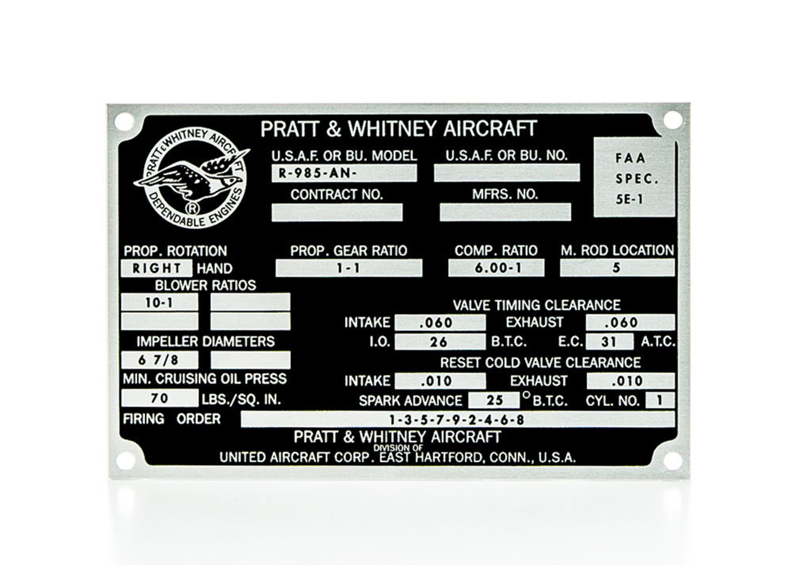 Pratt & Whitney R-985-AN Wasp Junior Radial Engine Data Plate - Etsy