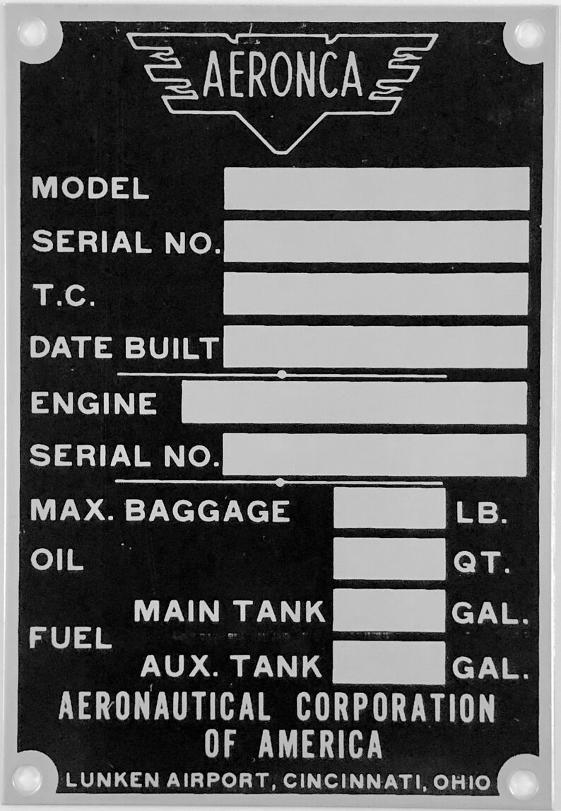 Aeronca Data Plate Unstamped Stainless Steel Replacement DPL-0103 - Etsy