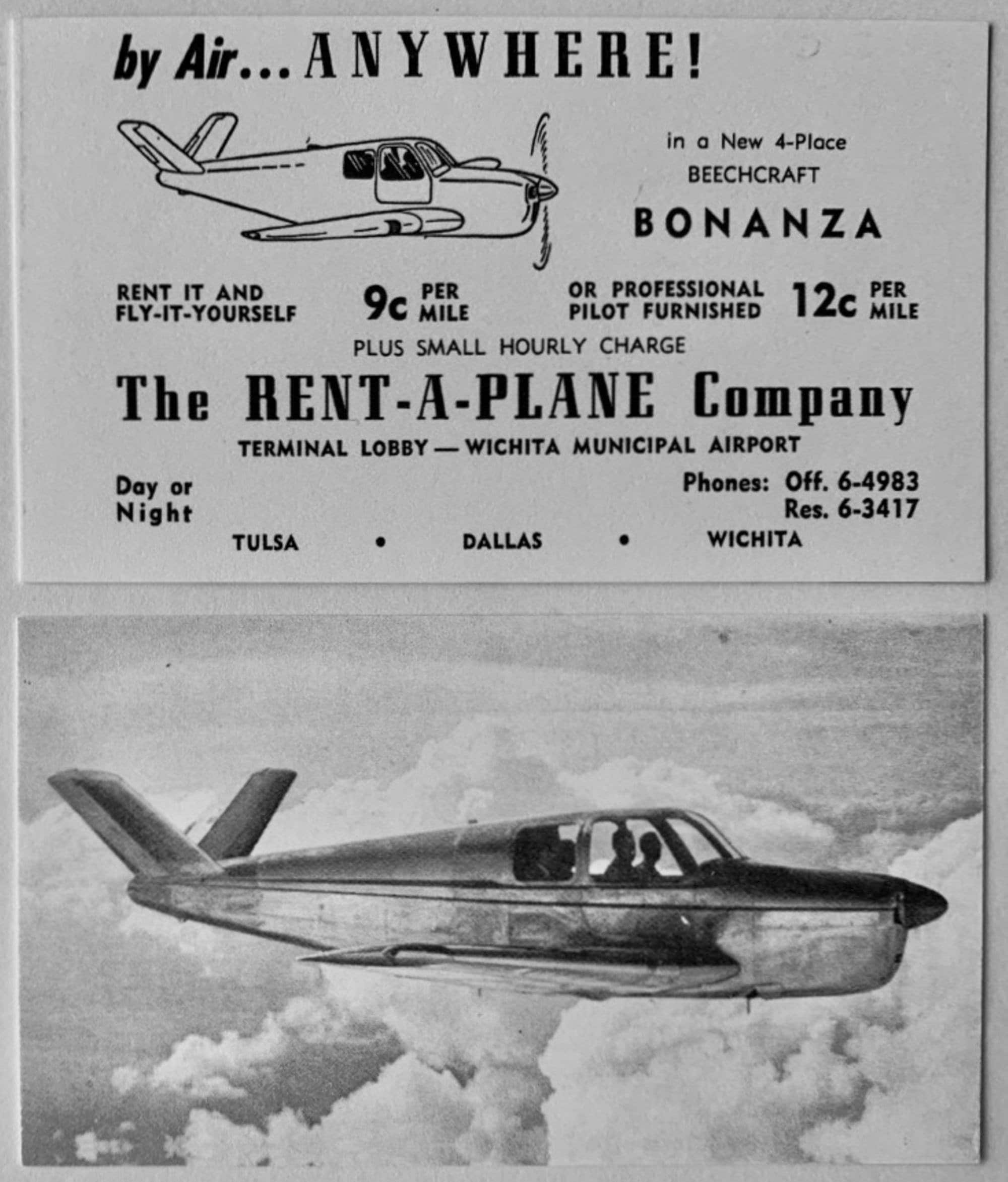 Five 2-sided Beechcraft Bonanza Advertising Cards, Vintage Aviation EPH ...