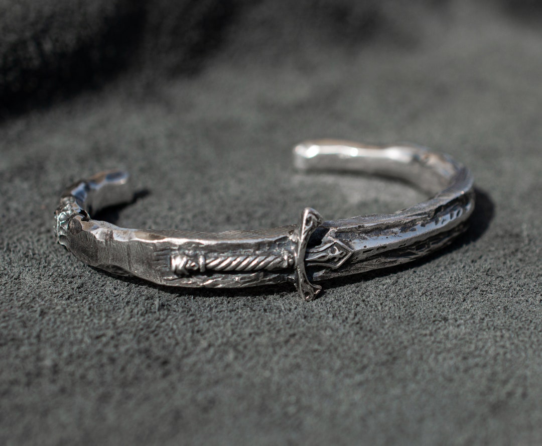 Brutalist Chunky Heavy Silver Antique King Arthur Excalibur Sword Cuff ...