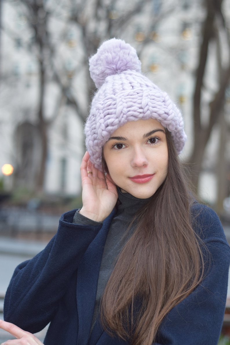 Merino Wool Chunky Knit Hat Wool Pom Pom Hand Knit Hat | Etsy