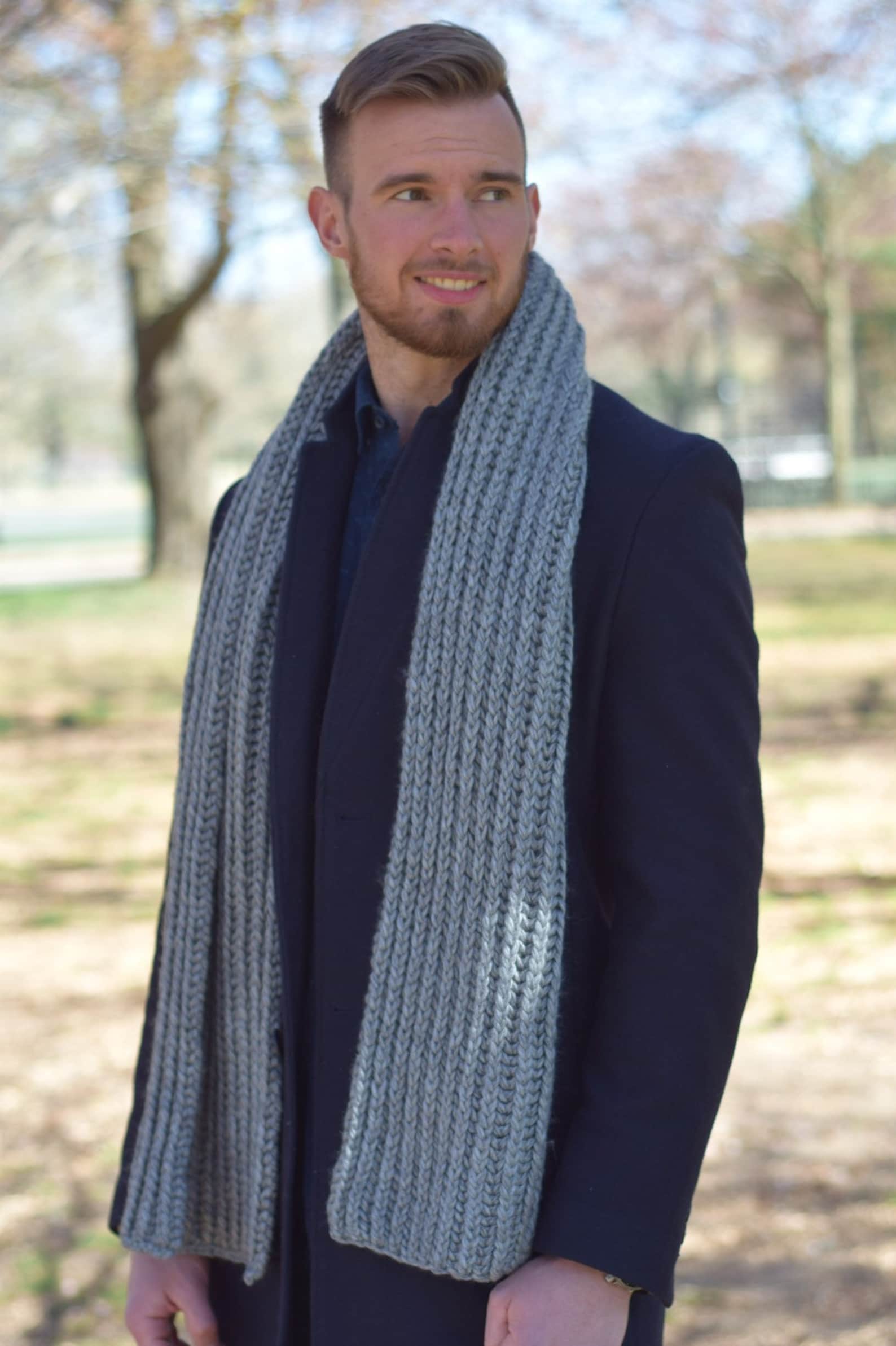 Knit Scarf for Men Wool Chunky Grey Scarf Unisex Hand Knit | Etsy