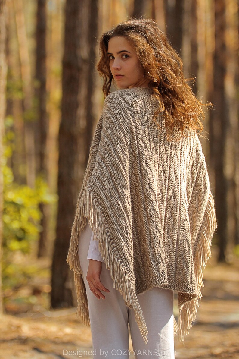 Hand Knit Poncho Blanket Fringe Poncho Women Poncho Sweater Wool Poncho ...